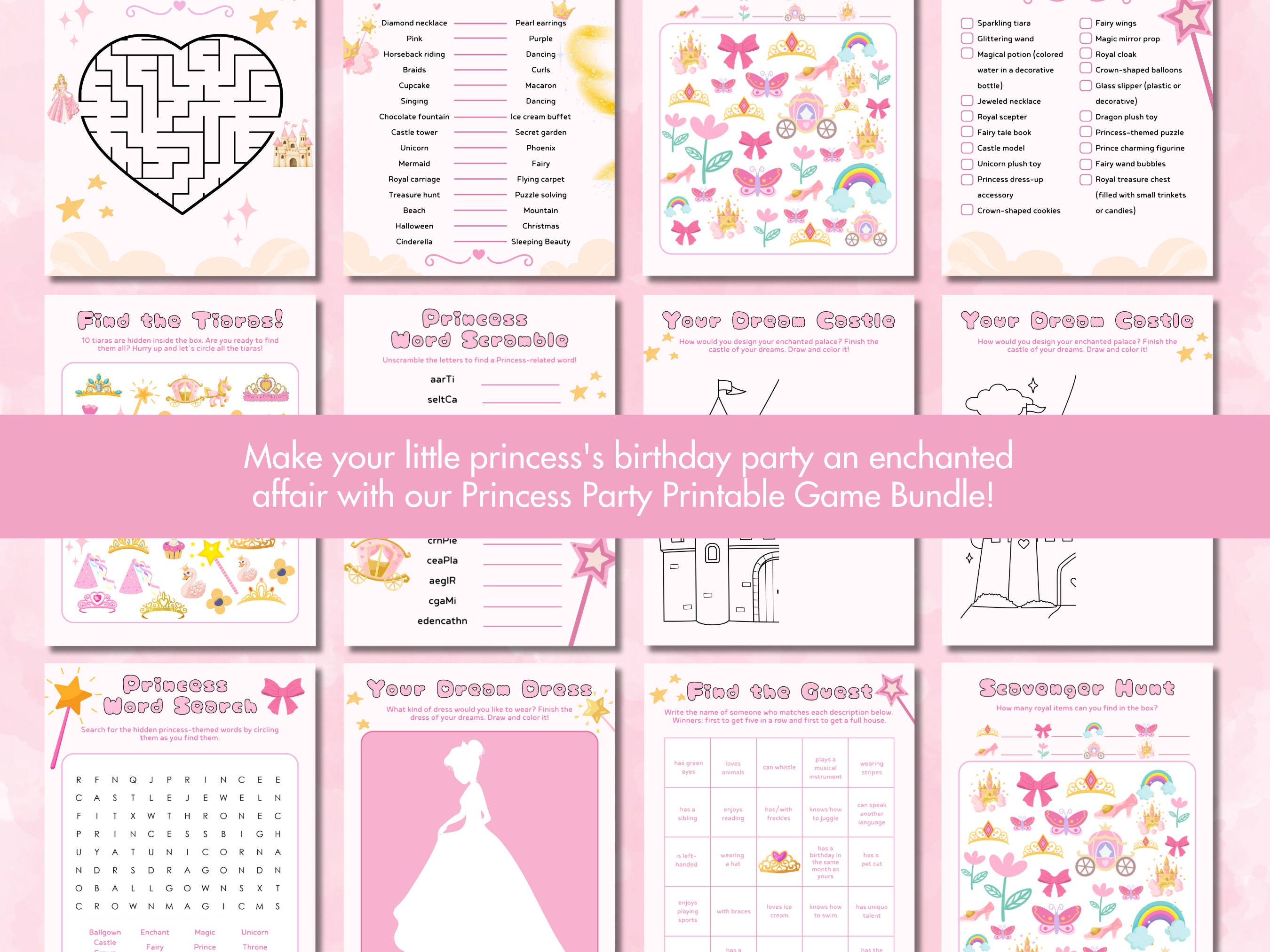 Pink Princess Birthday Party Printable Game Bundle 13 Fun Activities ...