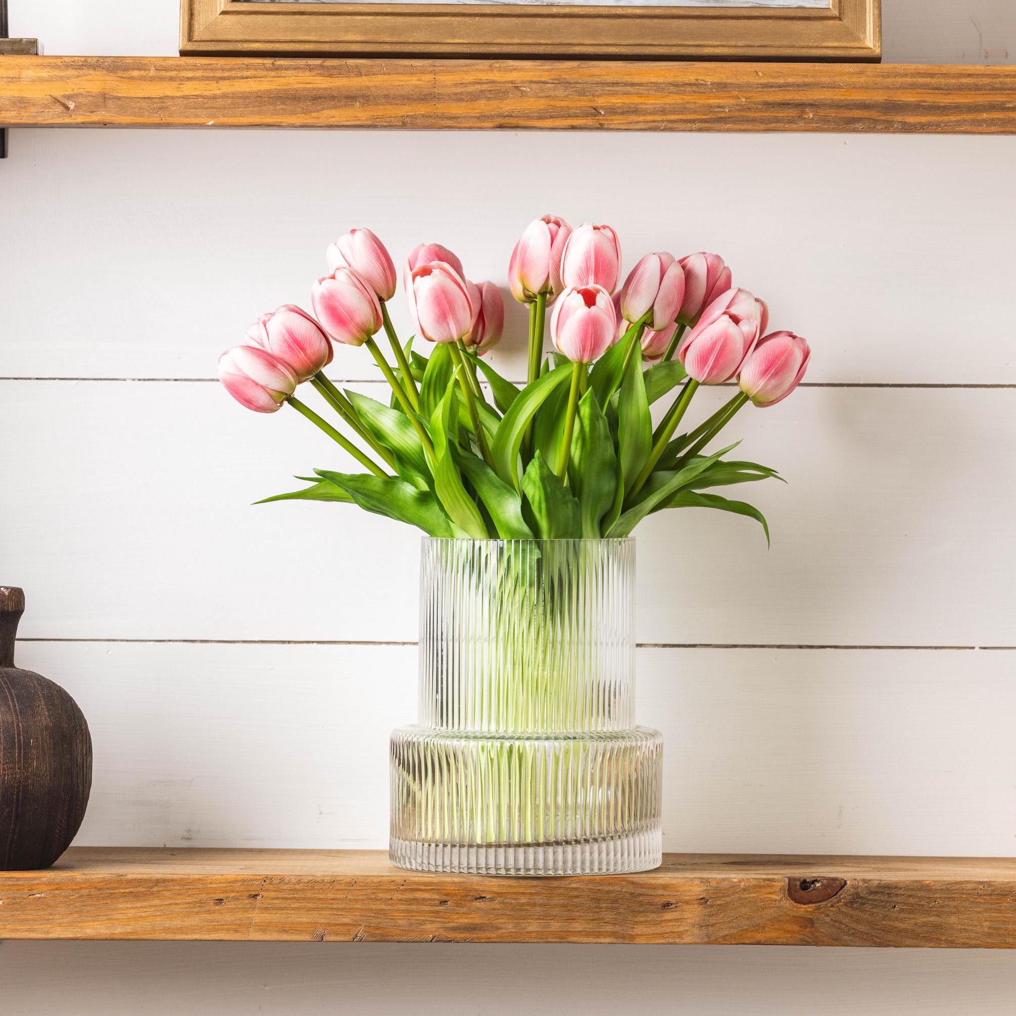 Luxury Ribbed Glass Vase Gift Set With 20 Realistic Pink Artificial ...