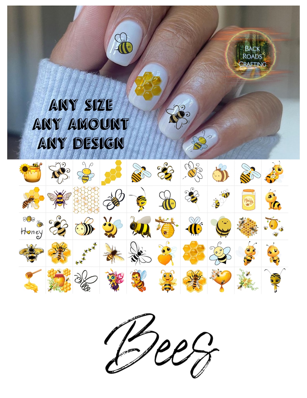 Bees Bee Nail Art Waterslide Decals Set of 50 + Bonus, Instructions ...