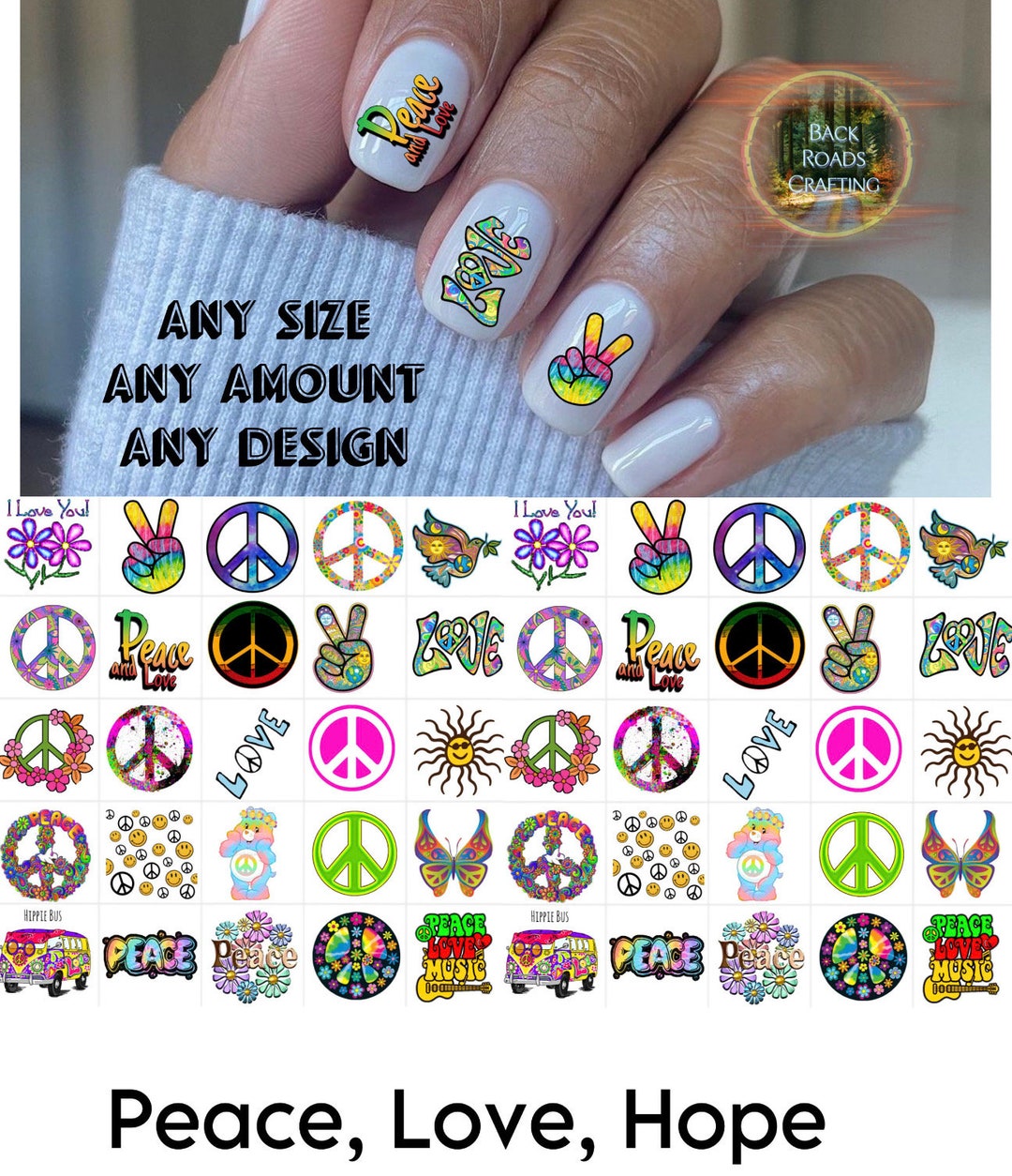 Peace Love Hope Hippie Nail Art Waterslide Decals Set of 50 + Bonus ...