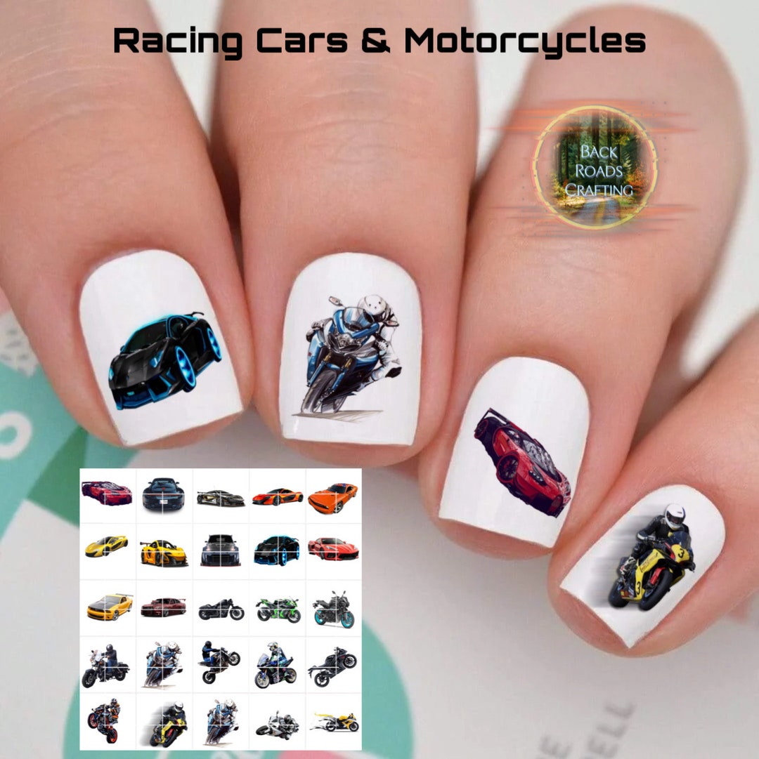 Racing Cars & Motorcycles Nail Art Waterslide Decals Set of 50 + Bonus ...