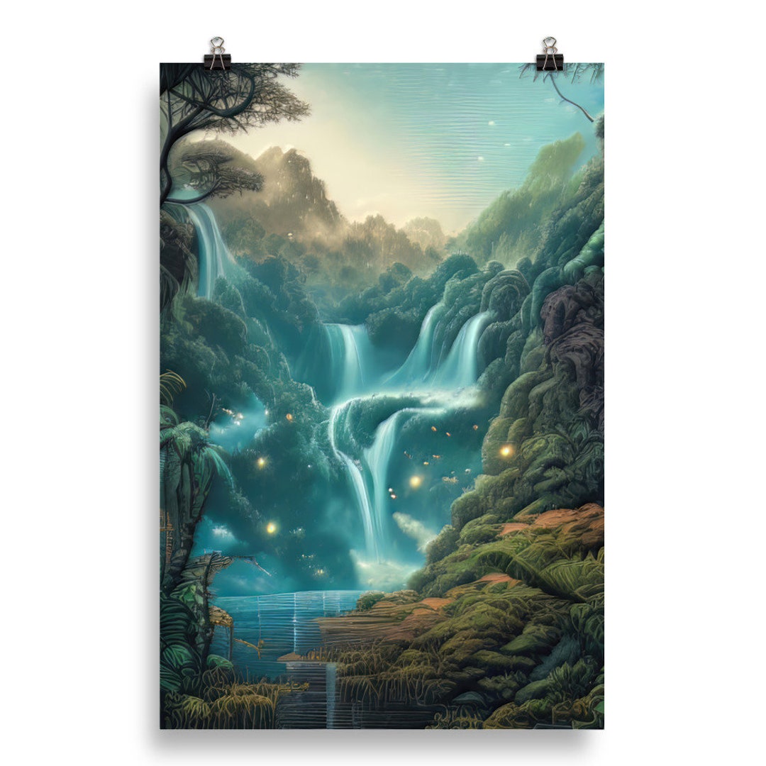 Paradise Island Waterfall Poster Island Poster Majestic Scenery AI Art ...