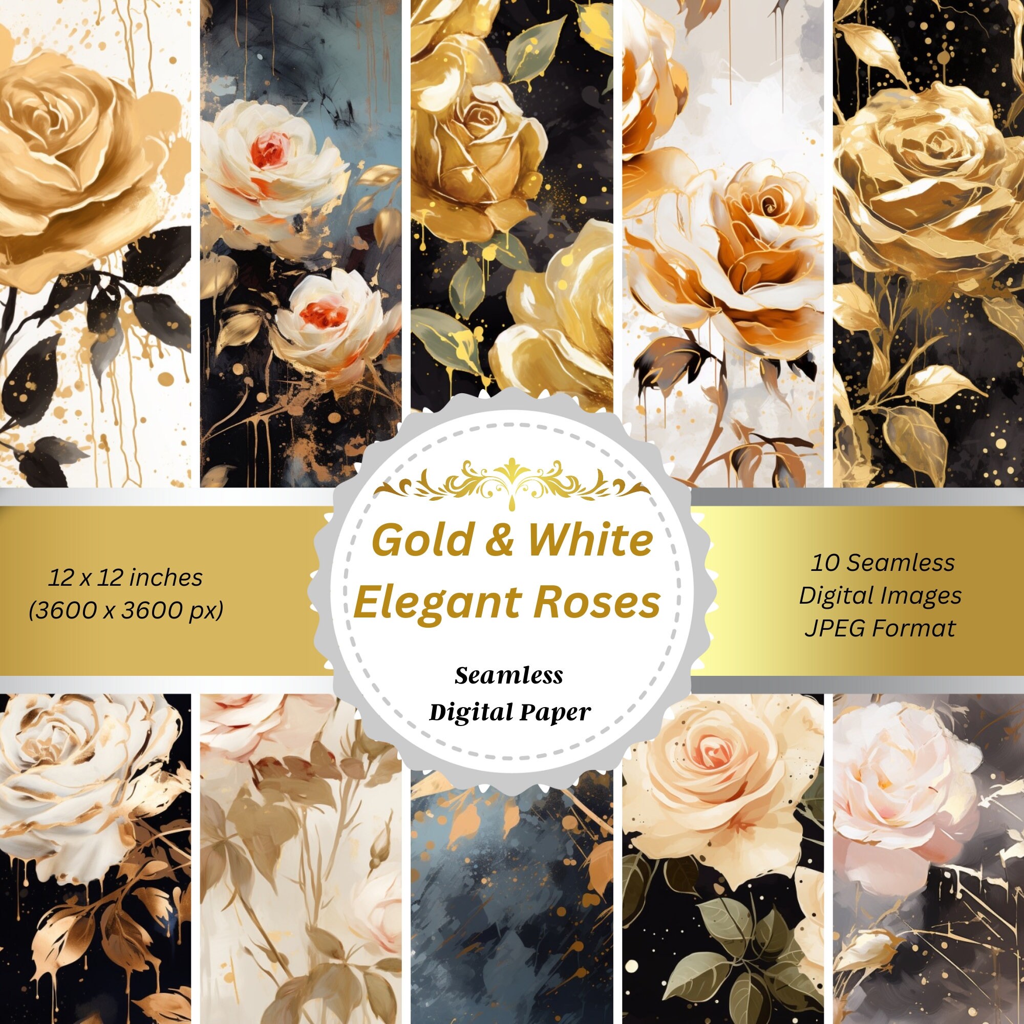 Gold, White Roses Seamless Digital Paper | Digital Paper | Patterned ...
