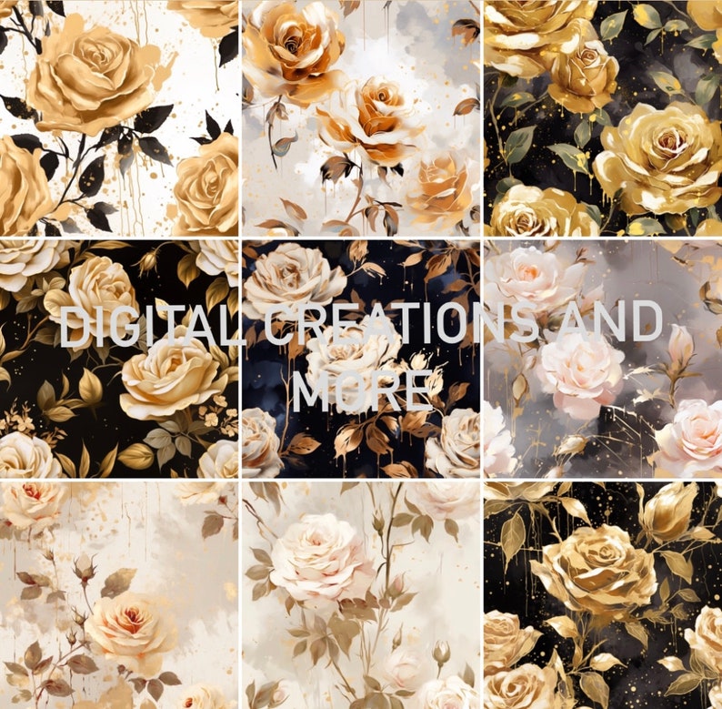 Gold, White Roses Seamless Digital Paper | Digital Paper | Patterned ...