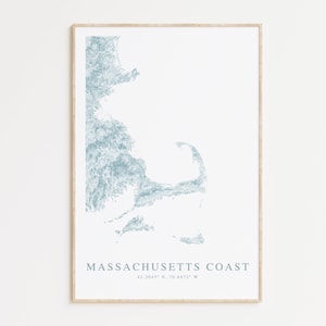 Massachusetts Coast Map Print, Cape Cod Poster, North Shore MA Map ...