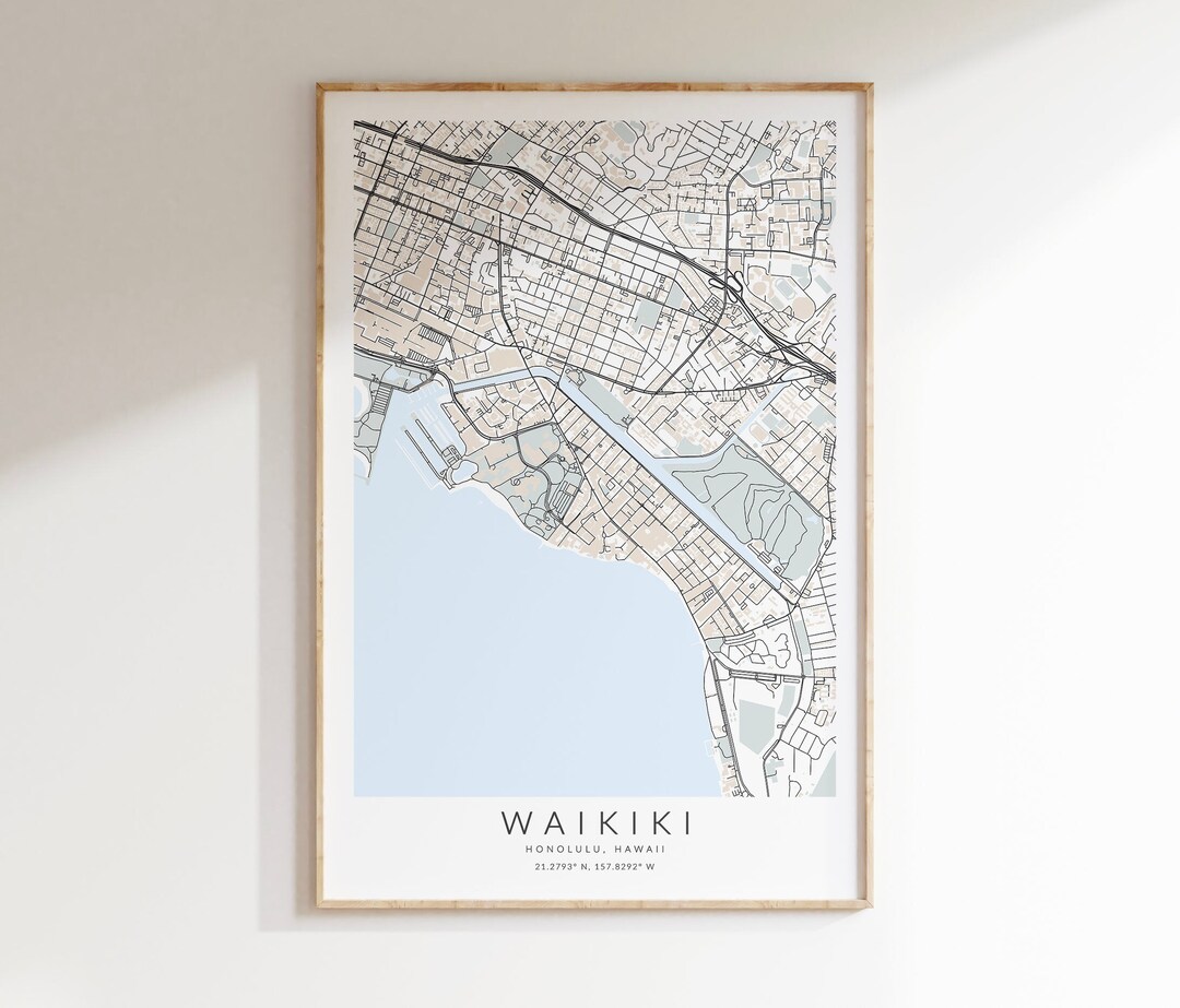 Waikiki Map Print, Honolulu Hawaii Poster, Hawaii Map Print, Honolulu ...