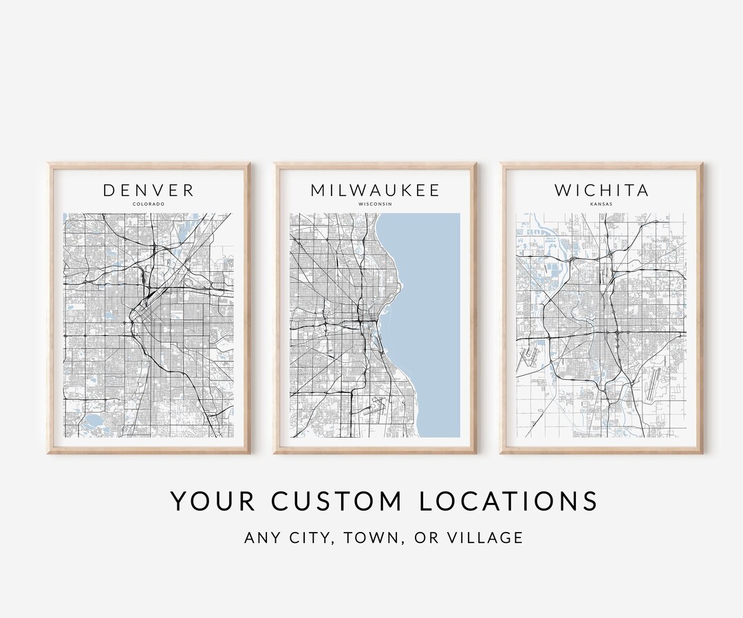 Custom Map Set of 3, Personalized Map Prints, Any Custom Location, City ...