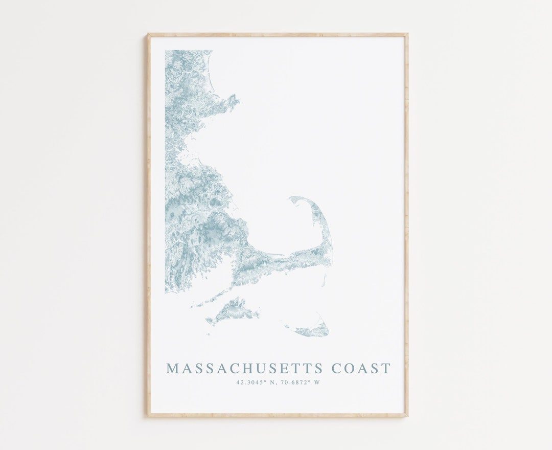Massachusetts Coast Map Print, Cape Cod Poster, North Shore MA Map ...