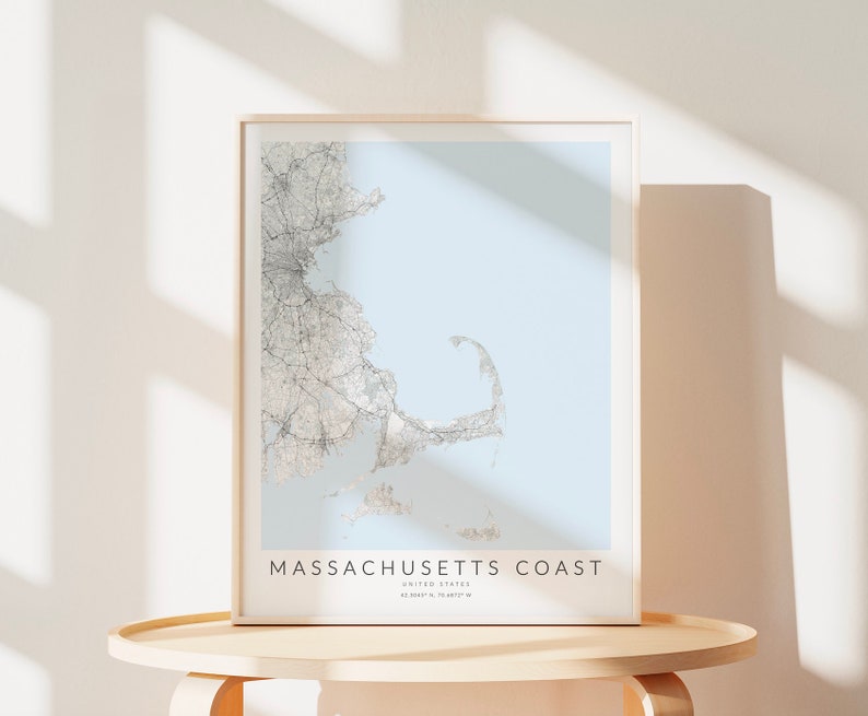 Massachusetts Coast Map Print, Cape Cod Map Print, Boston Massachusetts ...