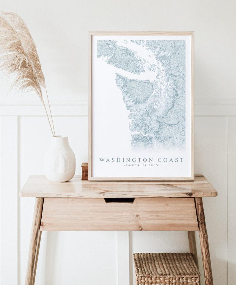 Washington Coast Map Print, Map of Puget Sound, Washington Gift ...