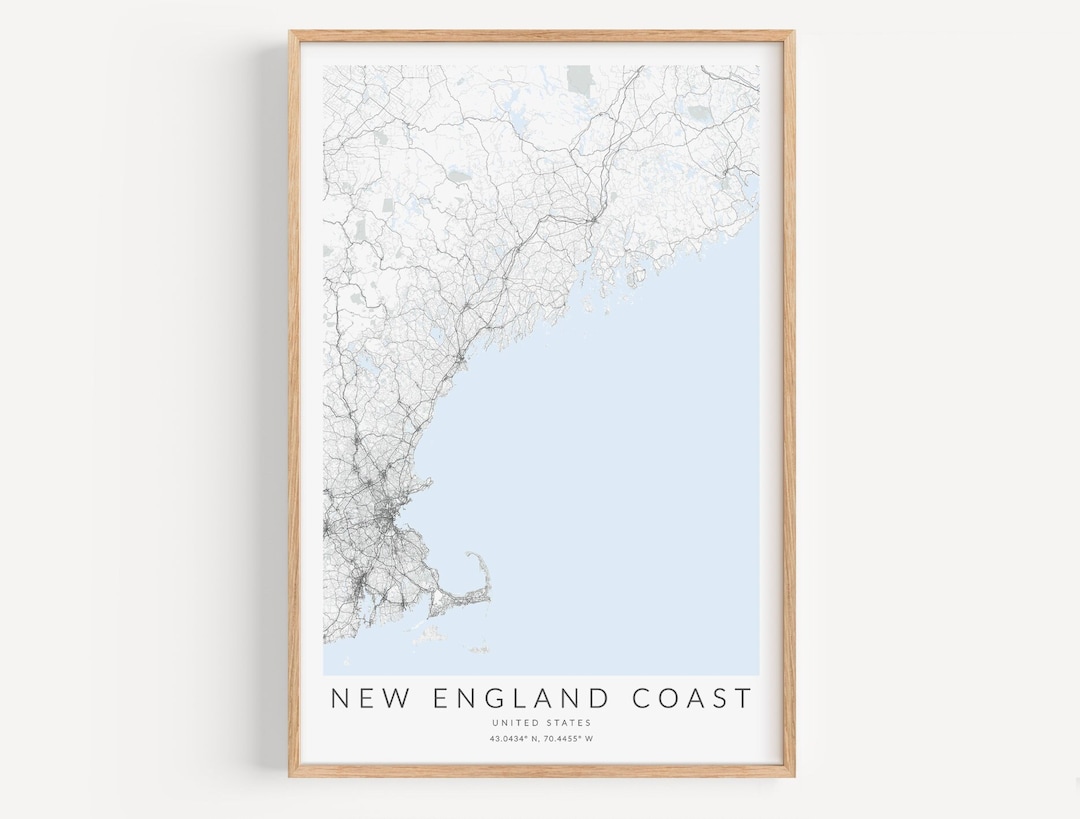 New England Map Print, New England Coast Map Poster, Massachusetts ...