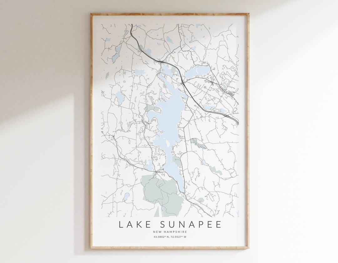 Lake Sunapee Map Print, Lake Sunapee New Hampshire Print, Lake Sunapee ...
