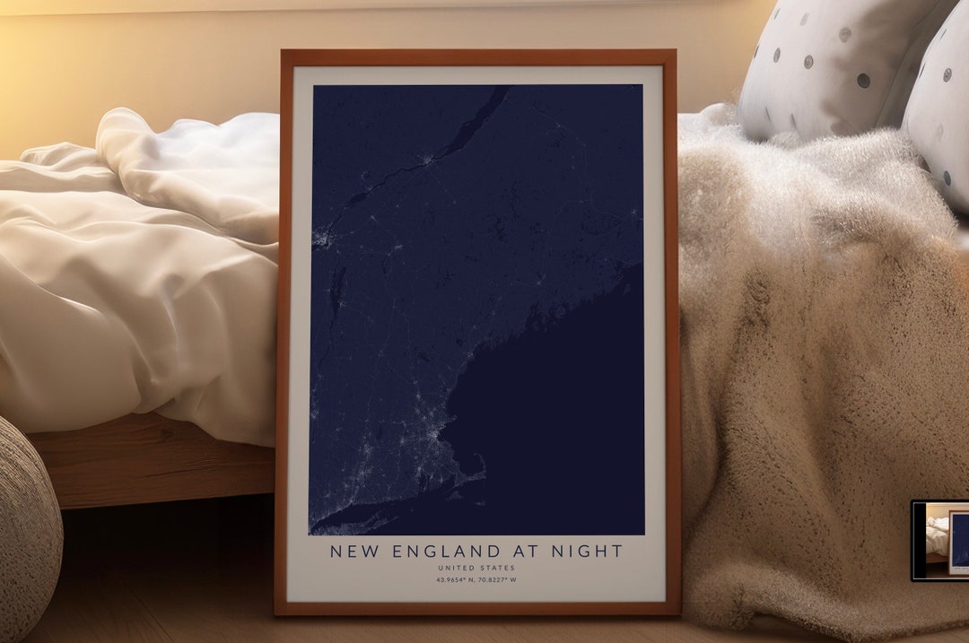 New England at Night, New England Map Print, New England Poster, New ...