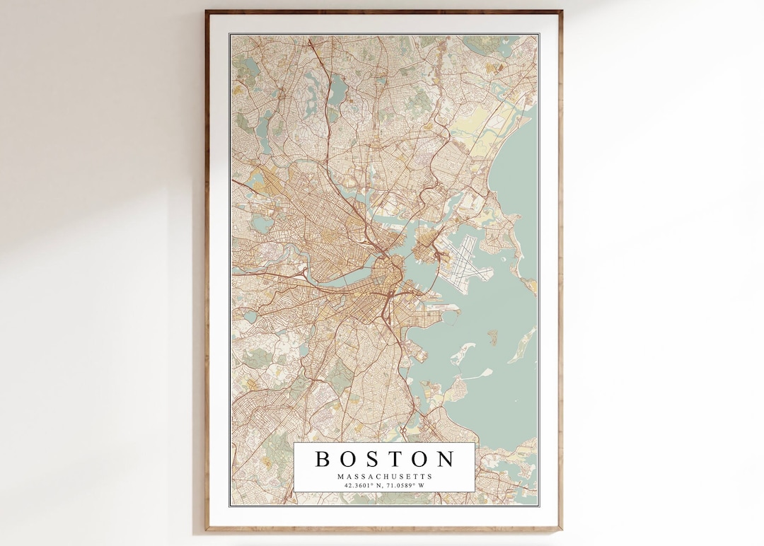 Vintage Map Print of Boston, Boston Map Print, Massachusetts Map, Map ...