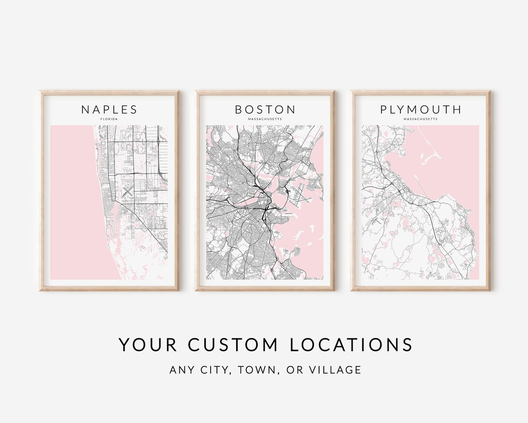 Custom Map Set of 3, Personalized Map Prints, Custom City Map, City Map ...