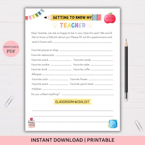 Teacher Favorite Things Questionnaire, Teacher Appreciation Gift, All ...
