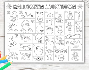 Halloween Countdown Coloring Page, Printable Halloween Advent Calendar ...