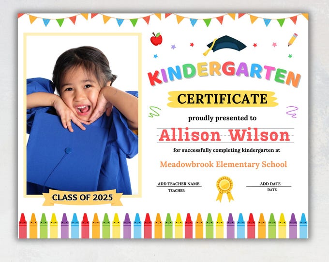 Editable Kindergarten Diploma With Photo, Any Grade, INSTANT DOWNLOAD ...