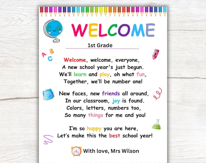 Carta del primer día de clases del maestro, tarjeta de bienvenida ...