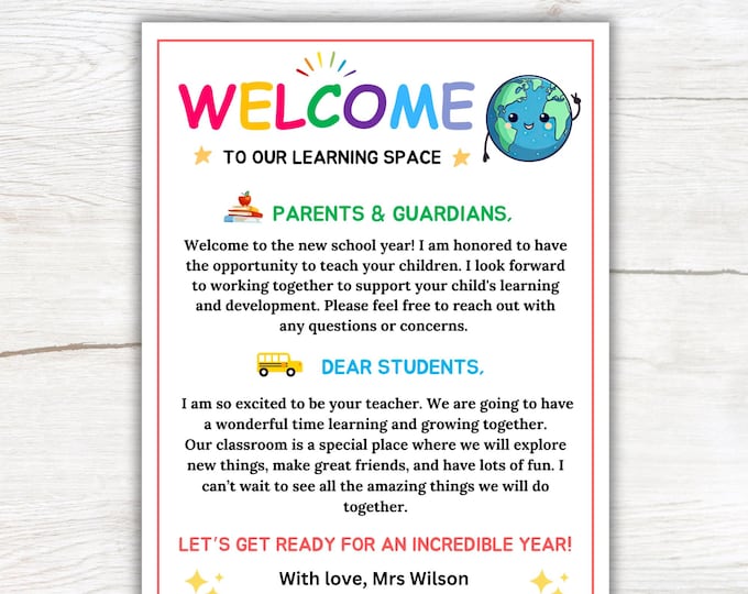 Carta del primer día de clases del maestro, tarjeta de bienvenida ...