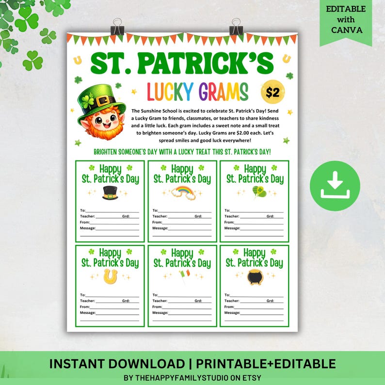 St. Patrick's Day Lucky Gram Flyer, PTO School Candy Gram Fundraiser ...