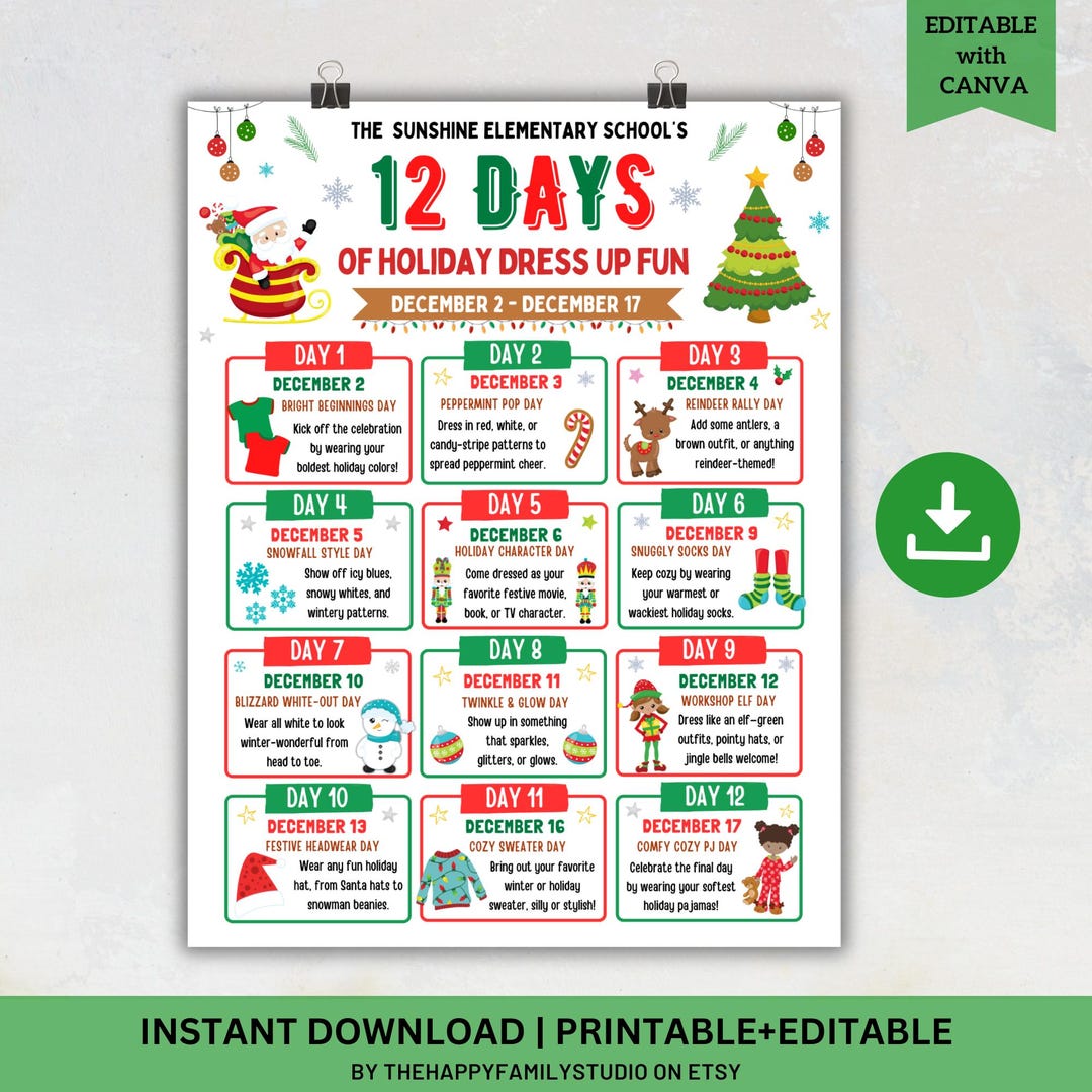 12 Days of Christmas Dress up Flyer, Holiday School Spirit Week ...