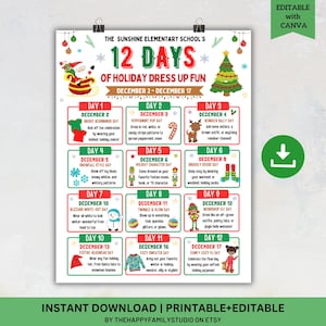 12 Days of Christmas Dress up Flyer, Holiday School Spirit Week ...