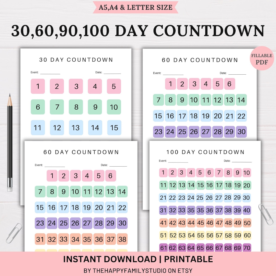 30,60,90,100 Day Countdown Tracker, Countdown Calendar, Progress ...