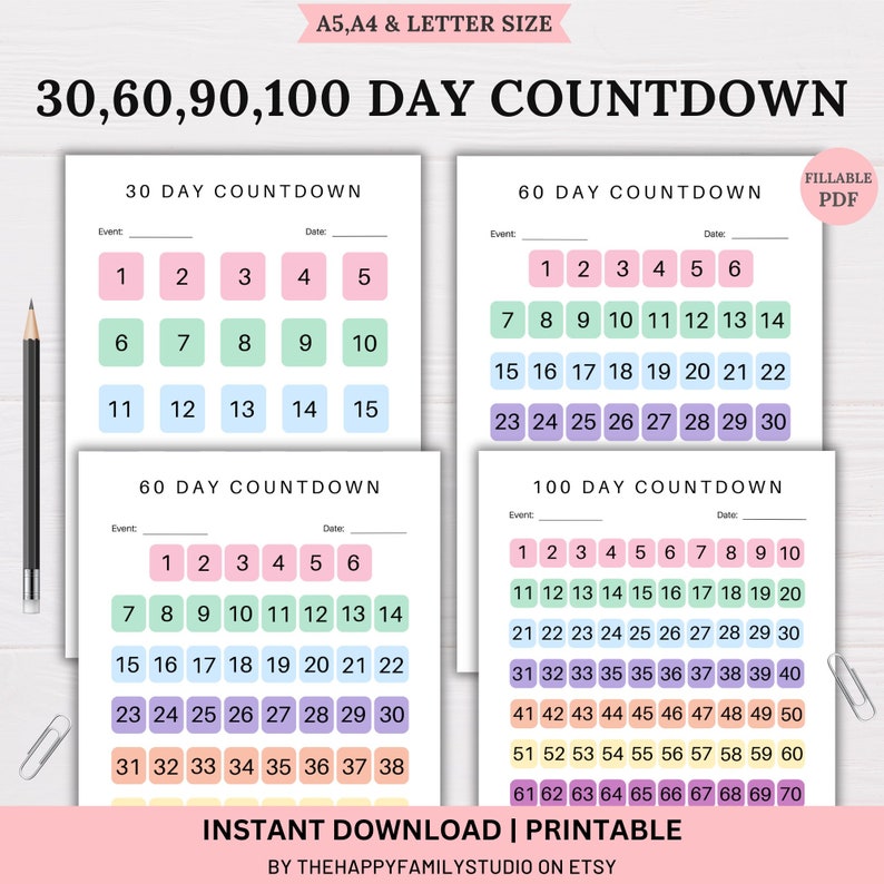30,60,90,100 Day Countdown Tracker, Countdown Calendar, Progress ...