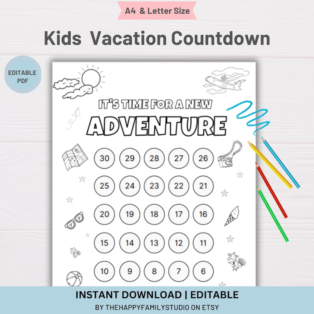 Countdown Calendar for Kids, Kids Vacation Countdown, Holiday Trip ...