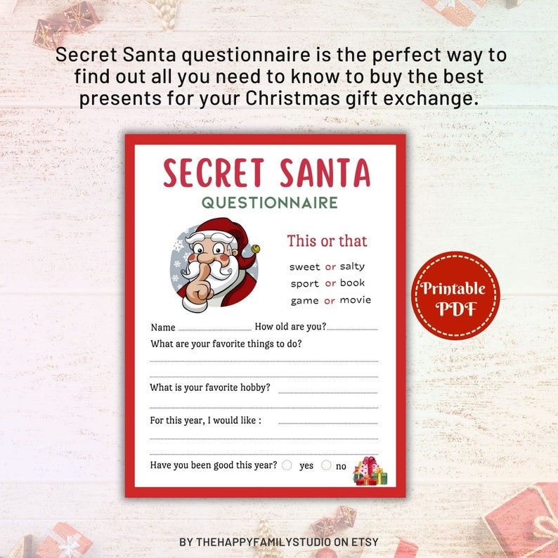 Secret Santa Questionnaire Form for Kids & Teachers, Christmas All ...
