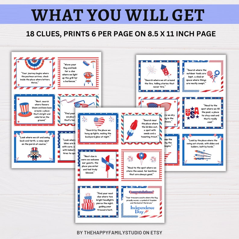 Outdoor Fourth of July Treasure Hunt Clues, Independence Day Scavenger ...