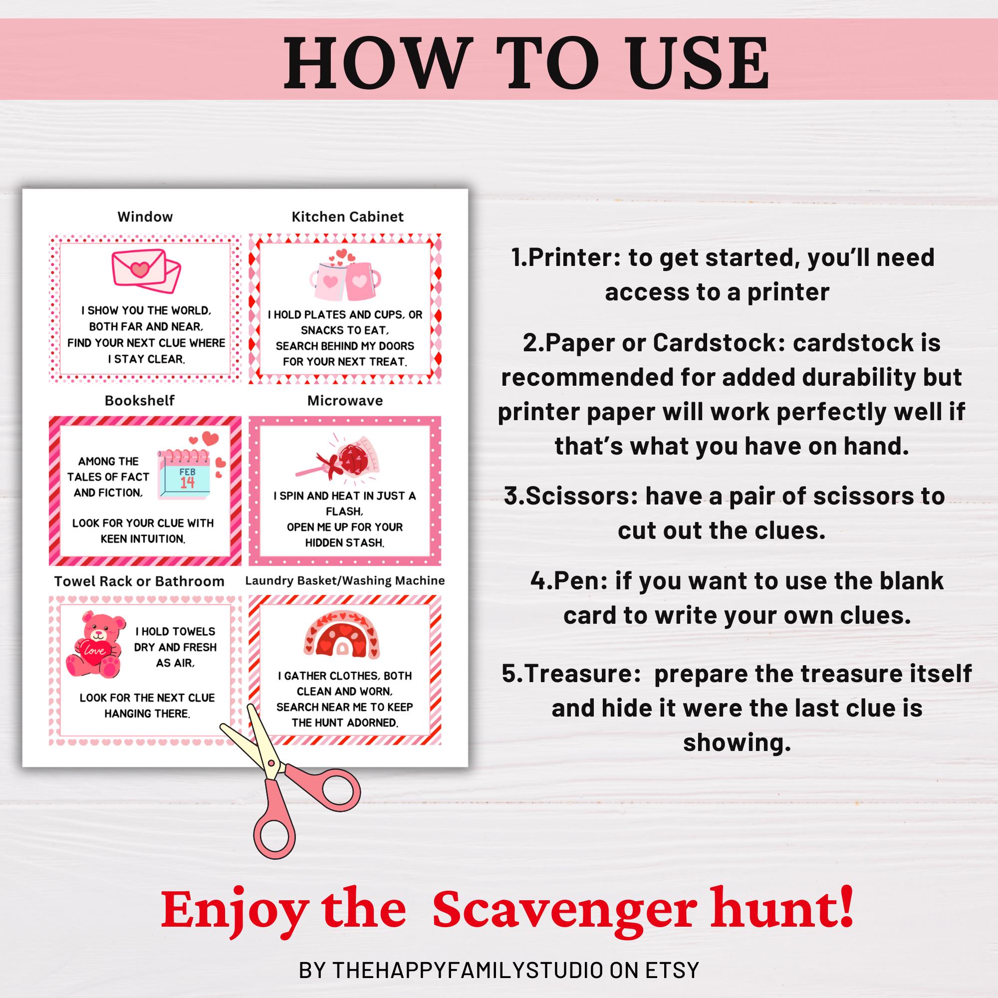 Valentines Day Scavenger Hunt for Kids, Valentines Treasure Hunt Clues ...
