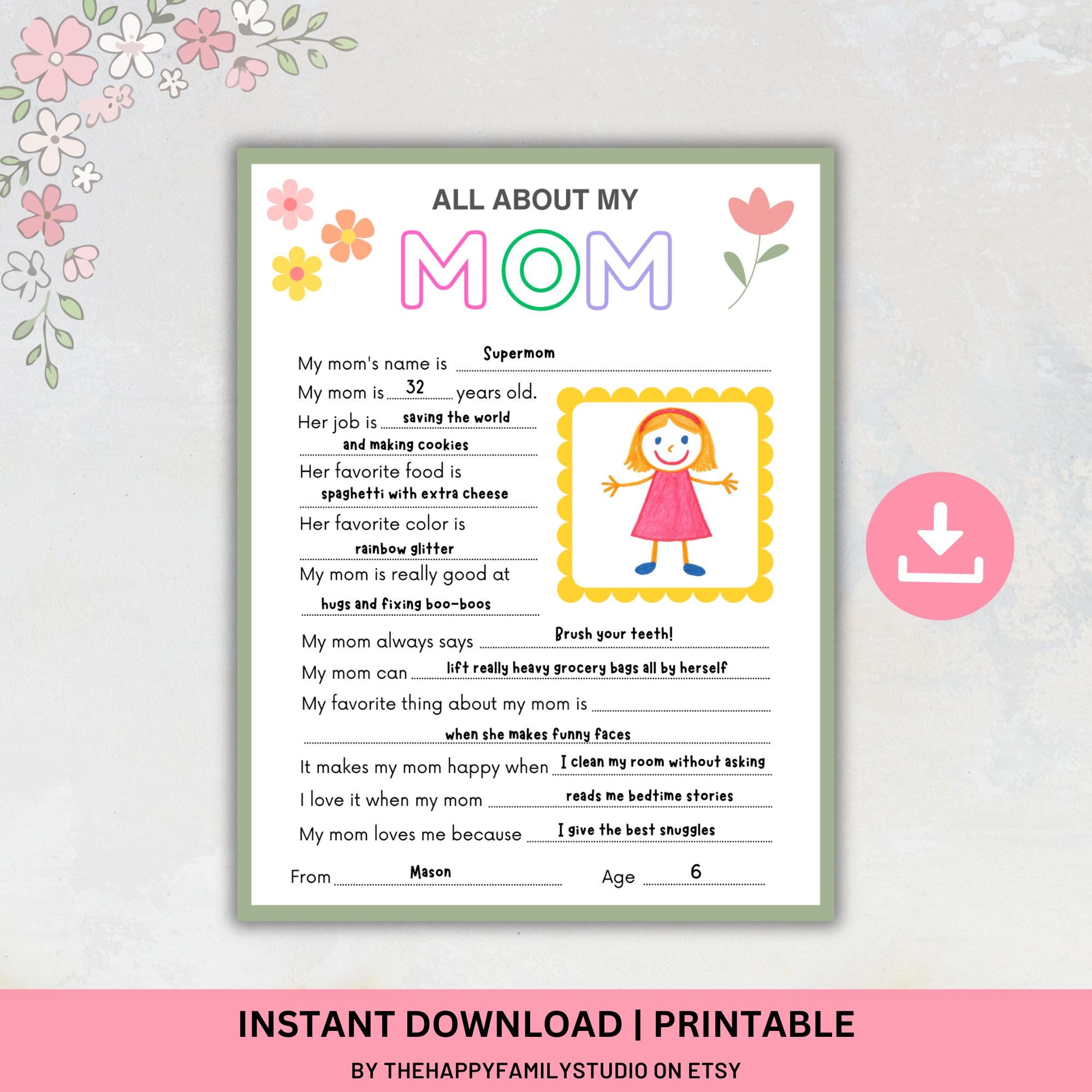 Mother's Day Questionnaire, All About My Mom Keepsake, Mother's Day ...