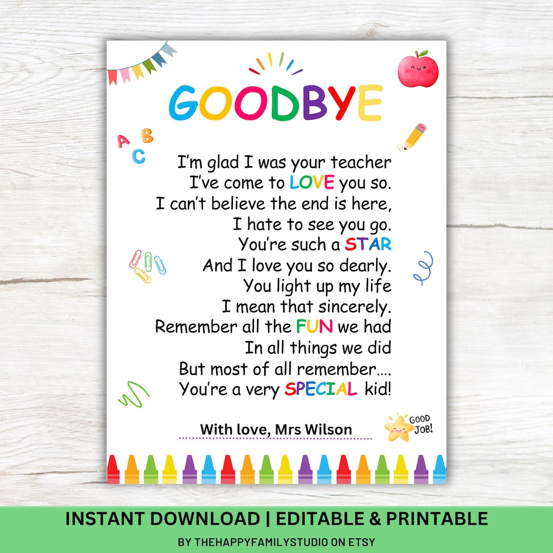 Printable End of School Year Letter for Students, Poem Gift From ...