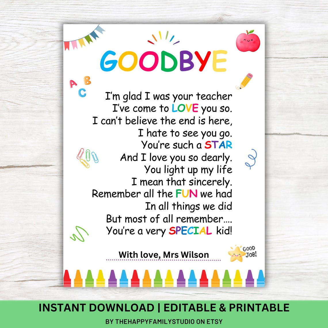 Printable End of School Year Letter for Students, Poem Gift From ...