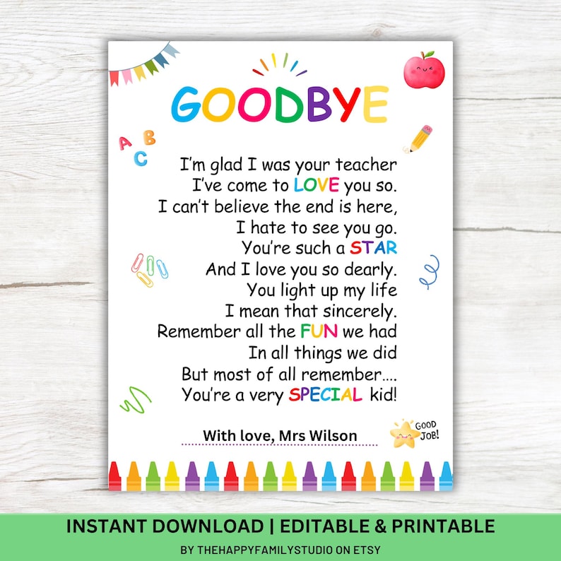 Printable End of School Year Letter for Students, Poem Gift From ...