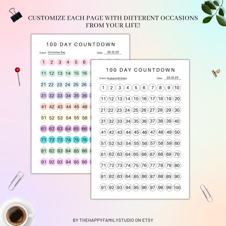 100 Day Countdown Tracker for Any Occasion Printable 100 - Etsy