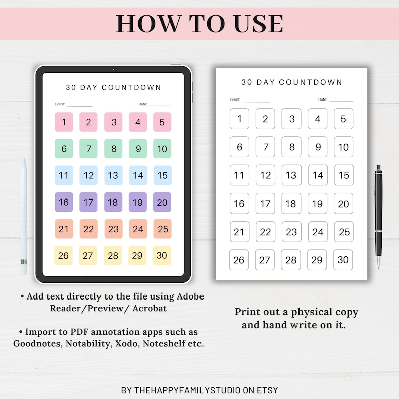 30,60,90,100 Day Countdown Tracker, Countdown Calendar, Progress ...