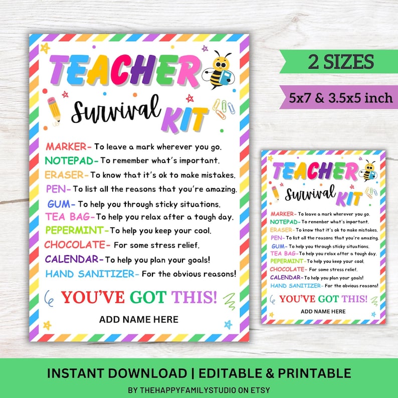 Editable Teacher's Survival Kit, School Supplies Gift Tag, Teacher ...