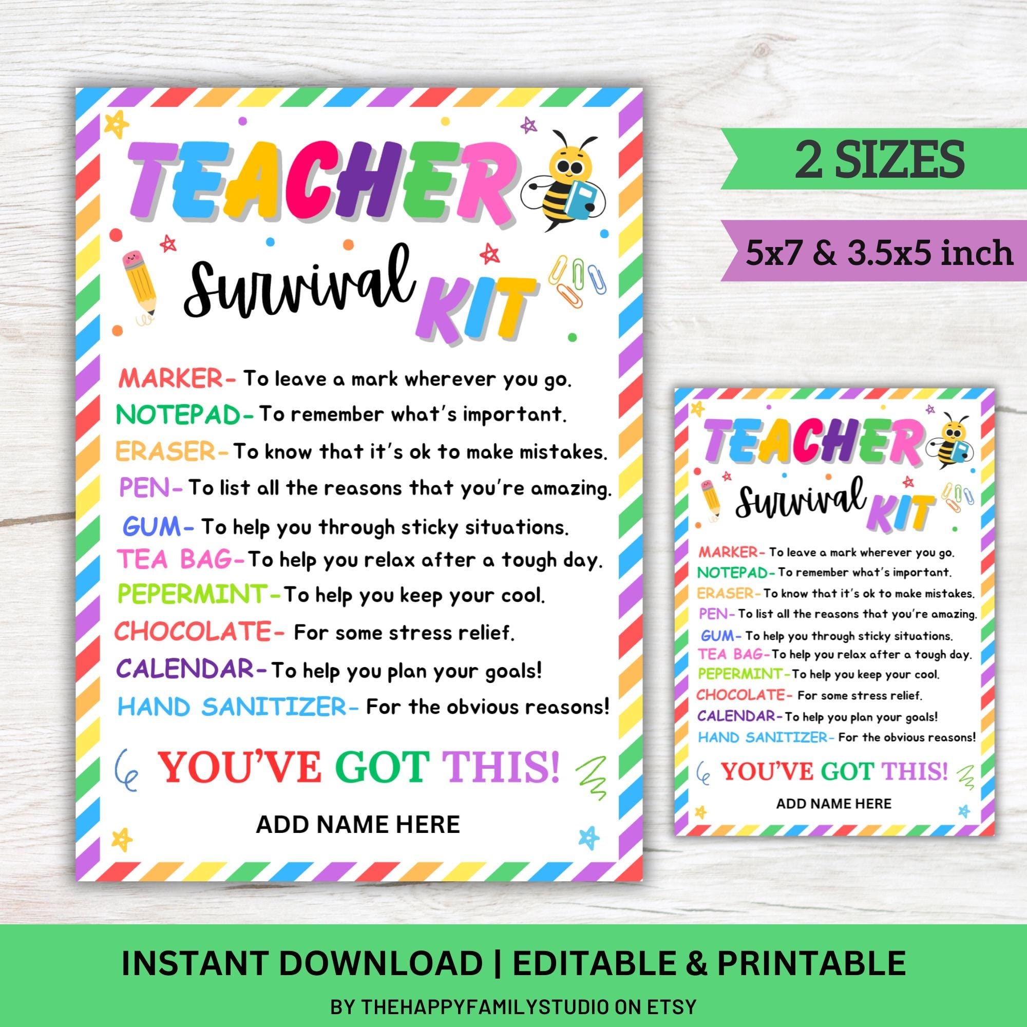 Editable Teacher's Survival Kit, School Supplies Gift Tag, Teacher ...