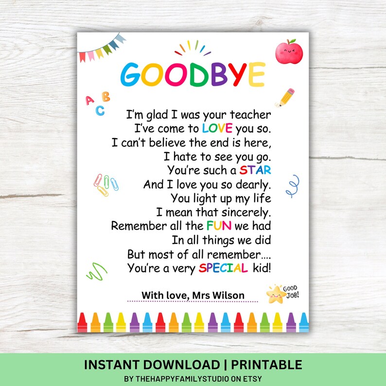 Printable End of School Year Letter for Students, Poem Gift From ...