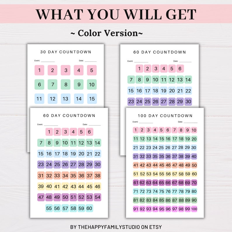 30,60,90,100 Day Countdown Tracker, Countdown Calendar, Progress ...