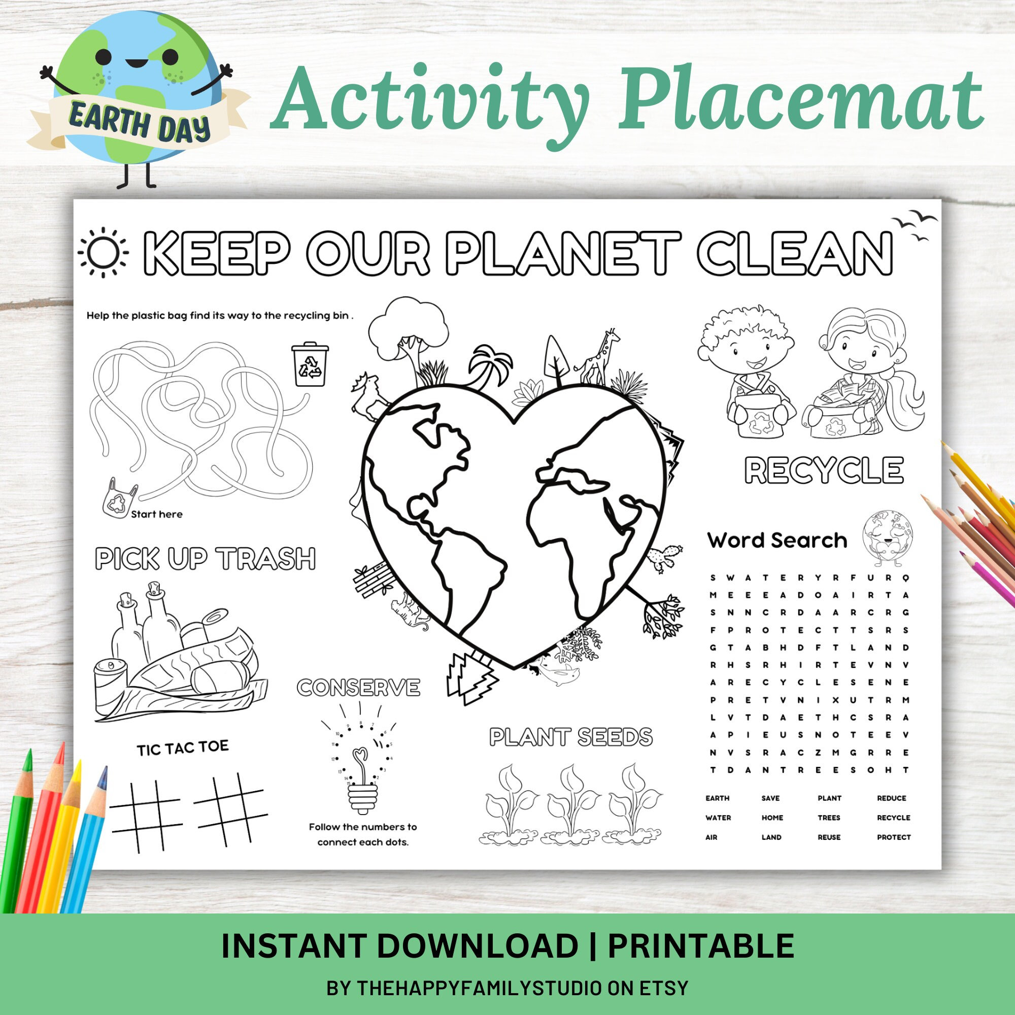 Printable Earth Day Activity Placemat, Happy Earth Day Craft Coloring ...