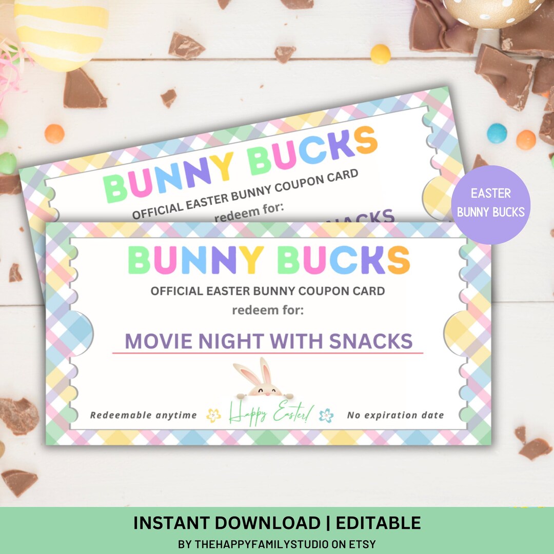 EDITABLE Easter Bunny Bucks, Easter Egg Fillers, Easter Bunny Coupons ...