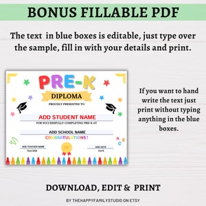 Editable Pre-k Graduation Diploma, Printable Pre-k Certificate, School ...