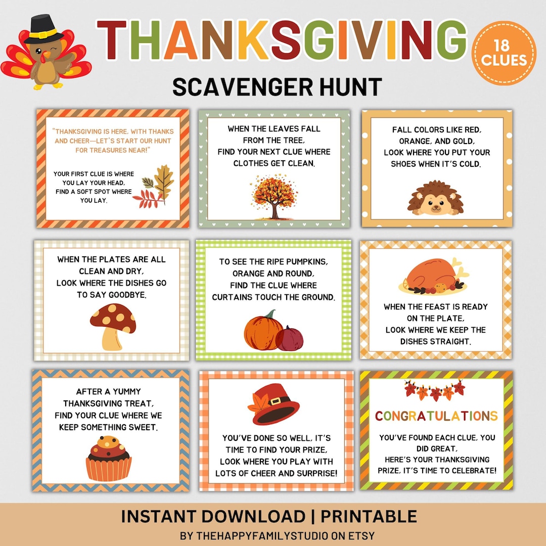 Thanksgiving Scavenger Hunt for Kids, Treasure Hunt Clues, Thanksgiving ...