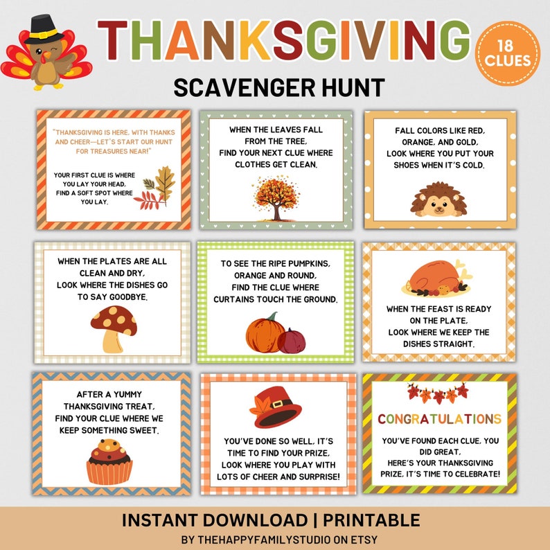 Thanksgiving Scavenger Hunt for Kids, Treasure Hunt Clues, Thanksgiving ...