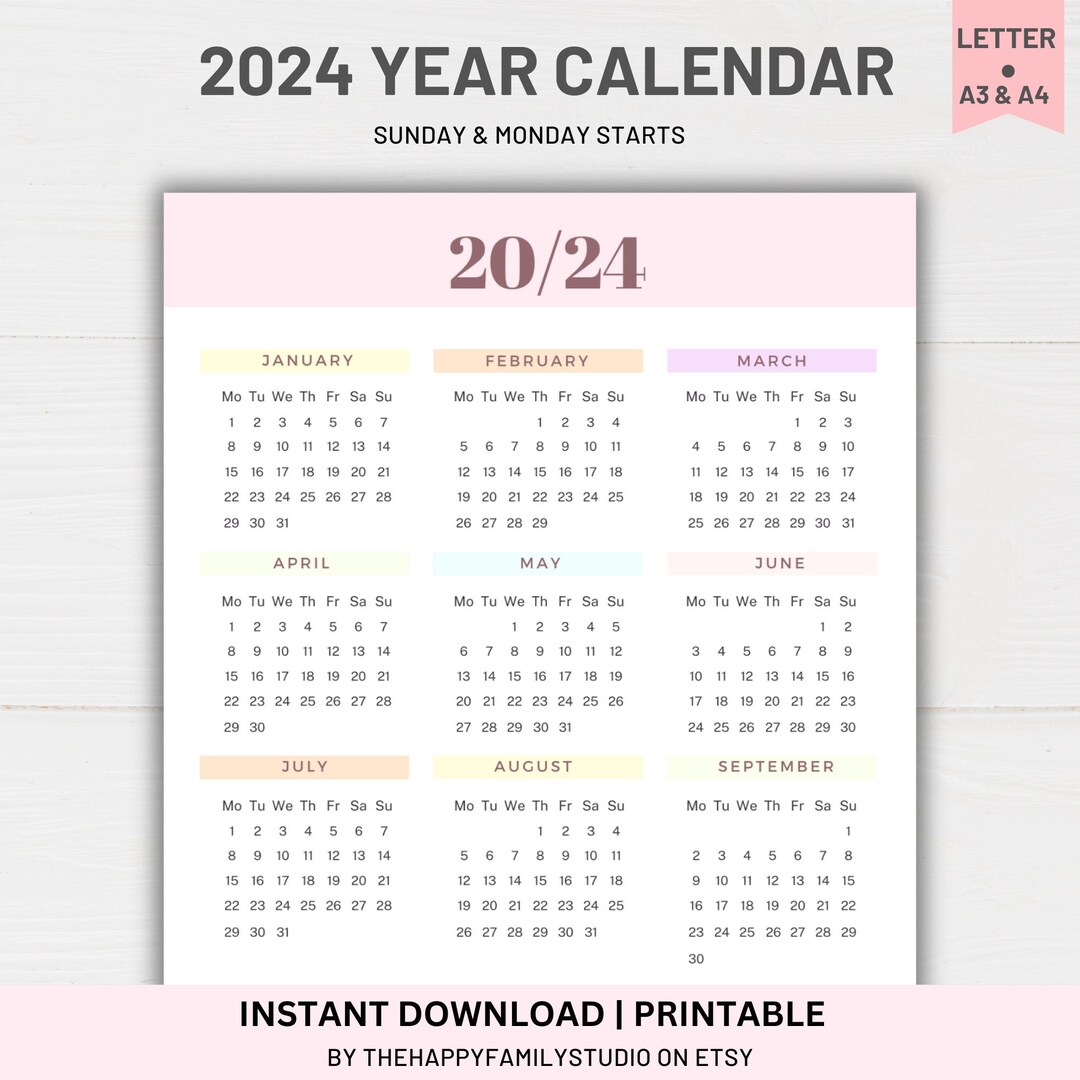 2024 Printable Calendar, 2024 Yearly Calendar, Year at A Glance ...