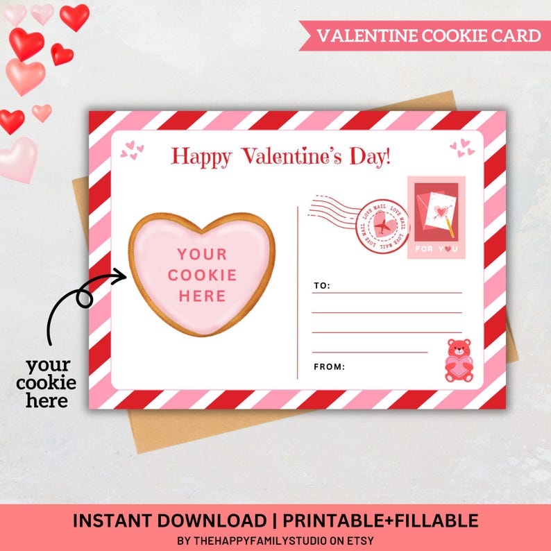 Printable Valentine's Day Cookie Card, Happy Valentine's Day Postcard ...